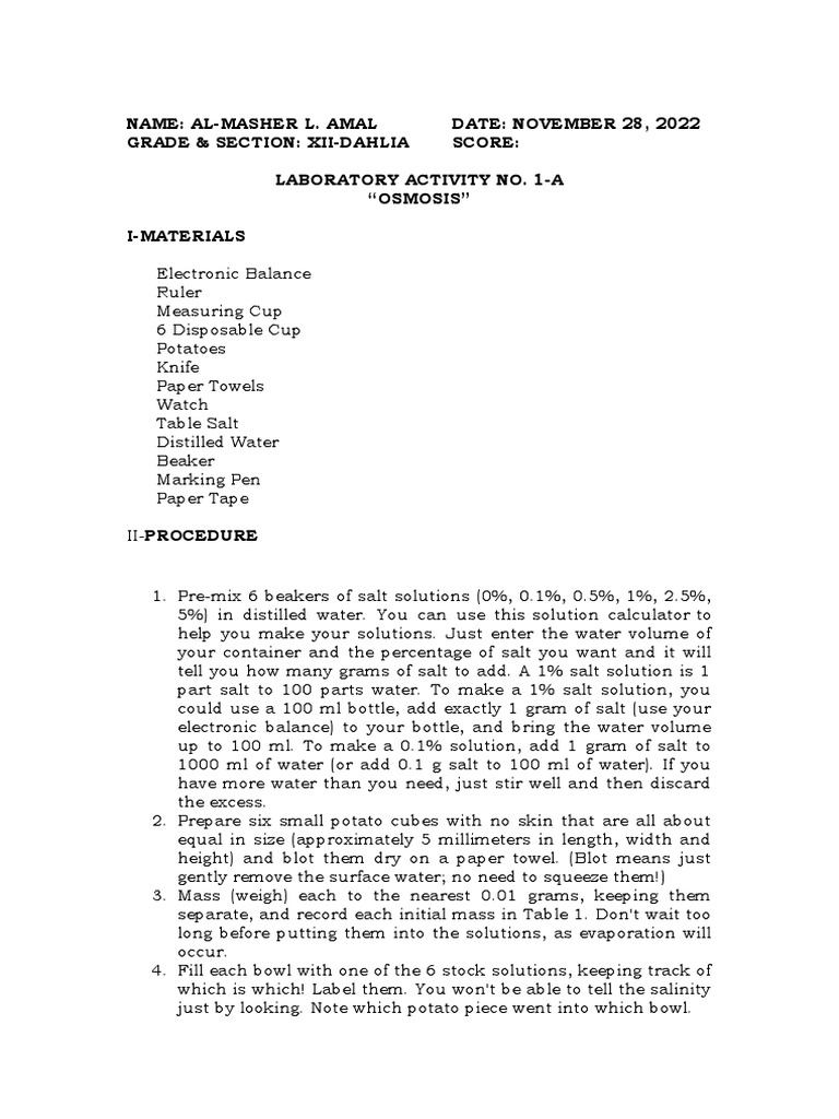 Lab Osmosis | PDF | Water | Seawater