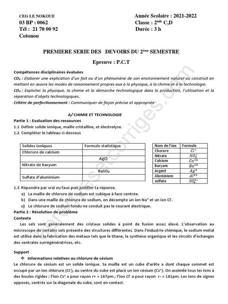 Devoir PCT 2nde C/D - 2ème Semestre | PDF | Ion | Sodium