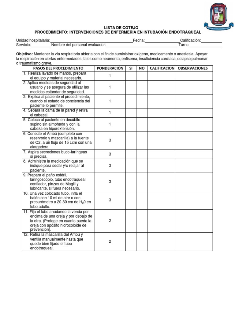 LISTAS DE COTEJO Intubacion | PDF | Medicina CLINICA | Especialidades ...