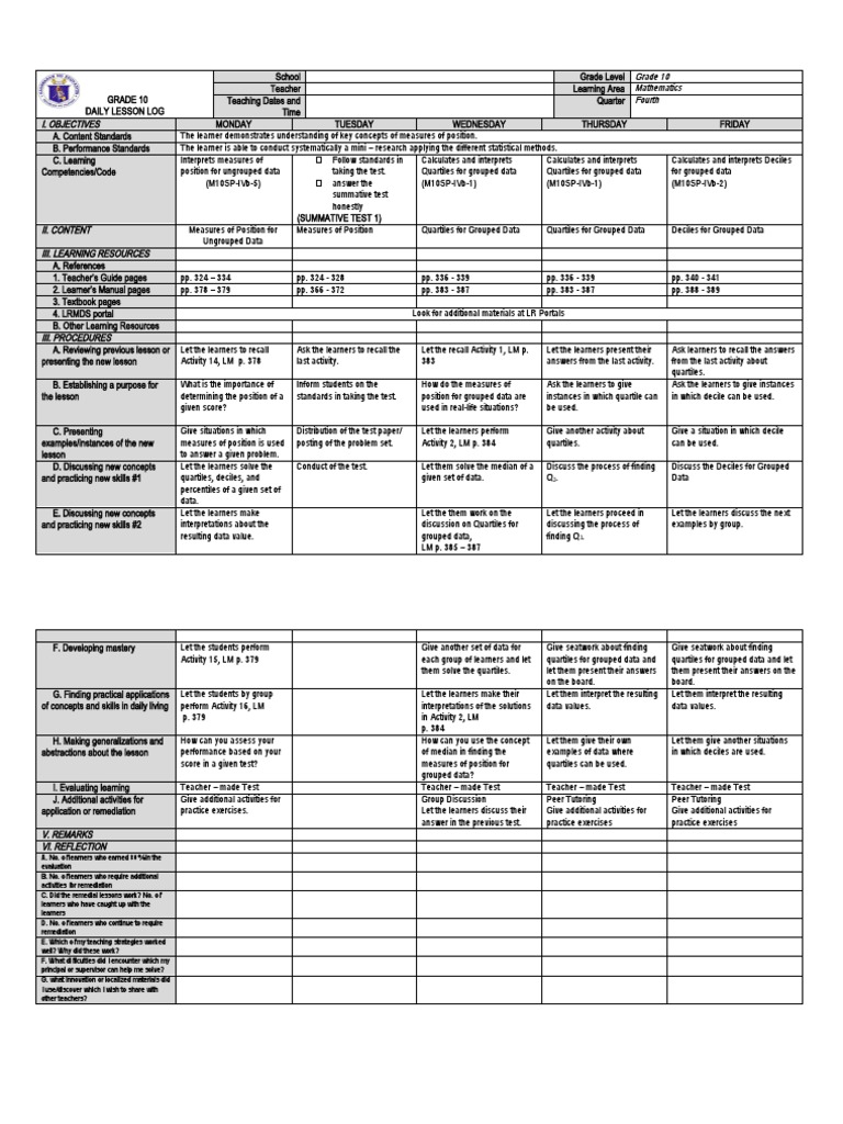 Grade 10 Math Daily Lesson Log | PDF | Learning | Teachers