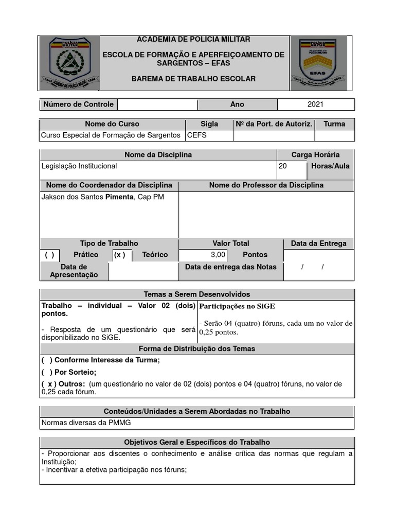 Barema de Trabalho Escolar Legislação Institucional CEFS 2021 | PDF