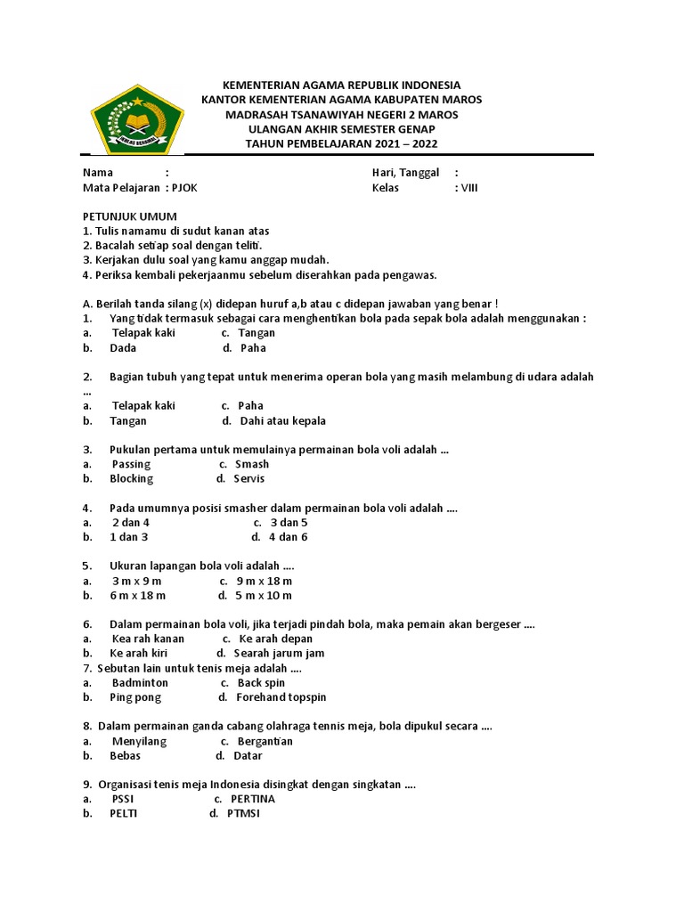Soal Pjok Kelas 8 Semester Genap | PDF