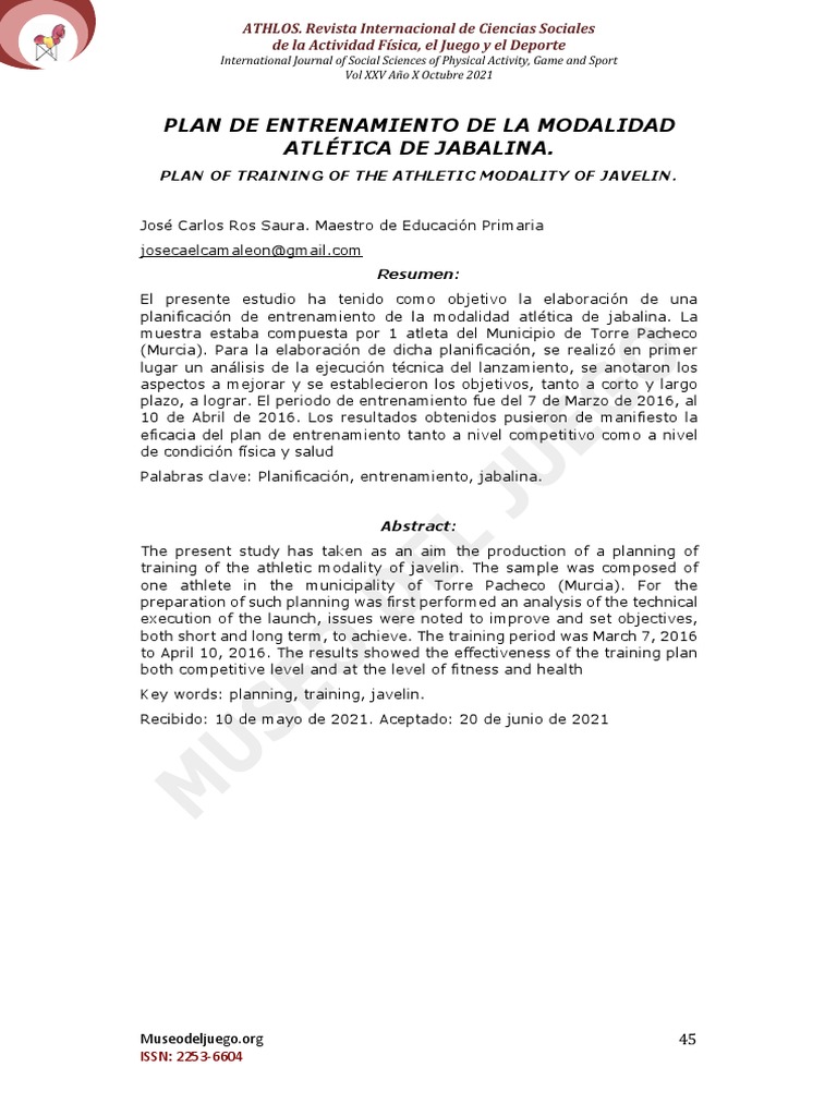 Plan de Entrenamiento de La Modalidad Atlética de Jabalina.: Plan of ...