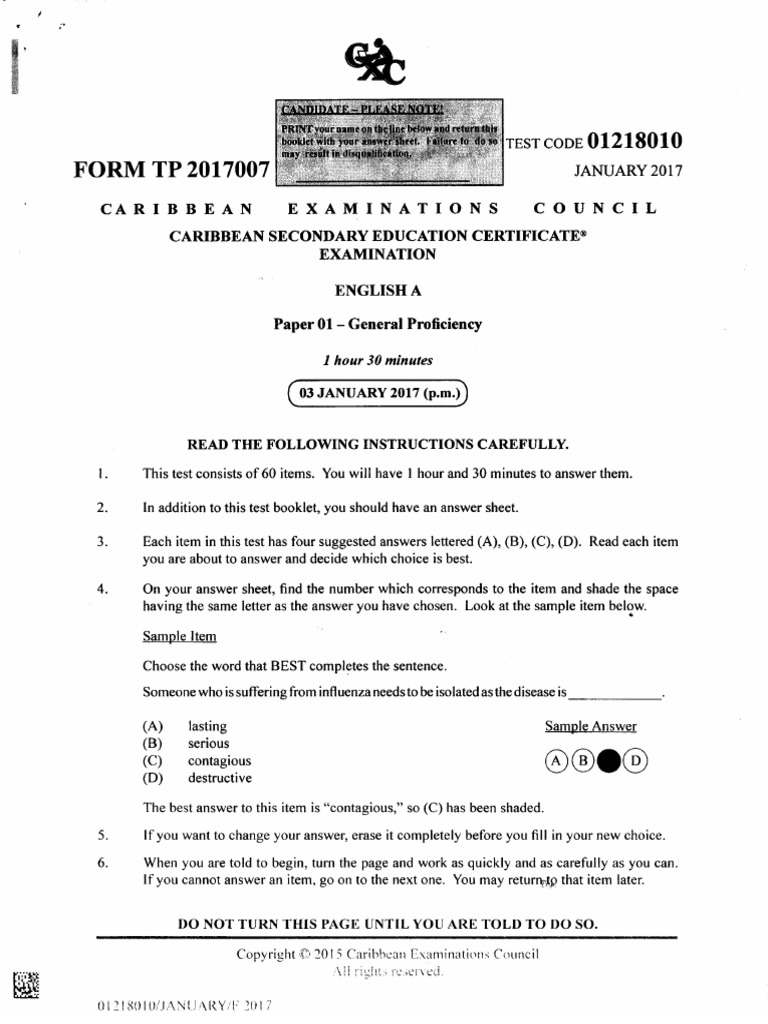 Cxc Csec English a 2017 January p1 | PDF