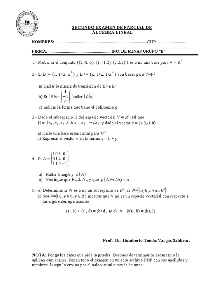 Segundo Examen de Parcial de Álgebra Lineal 2022-A | PDF