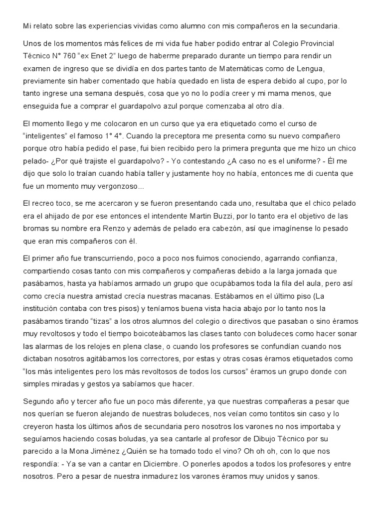 Mi Relato Sobre Las Experiencias Vividas Como Alumno Con Mis Compañeros en La Secundaria | PDF