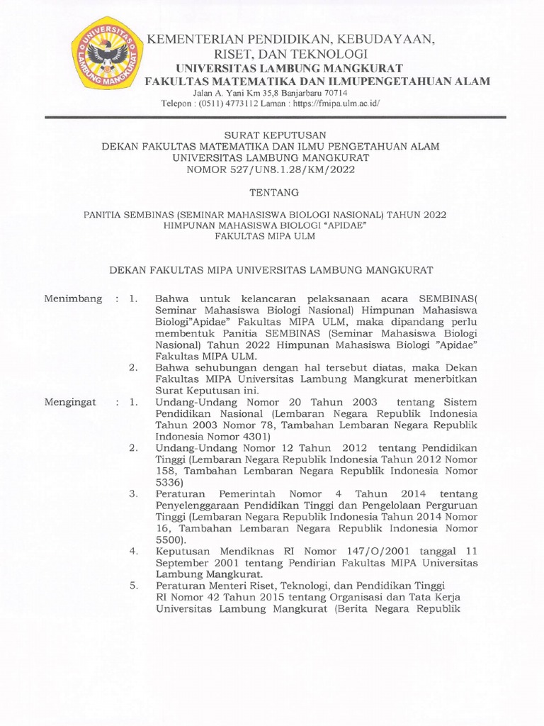 2022_SK_Dekan_No_527_tentang_Panitia_Seminar_Nasional_Mahasiswa_Biologi_Nasional_Tahun_2022_HIMA ...