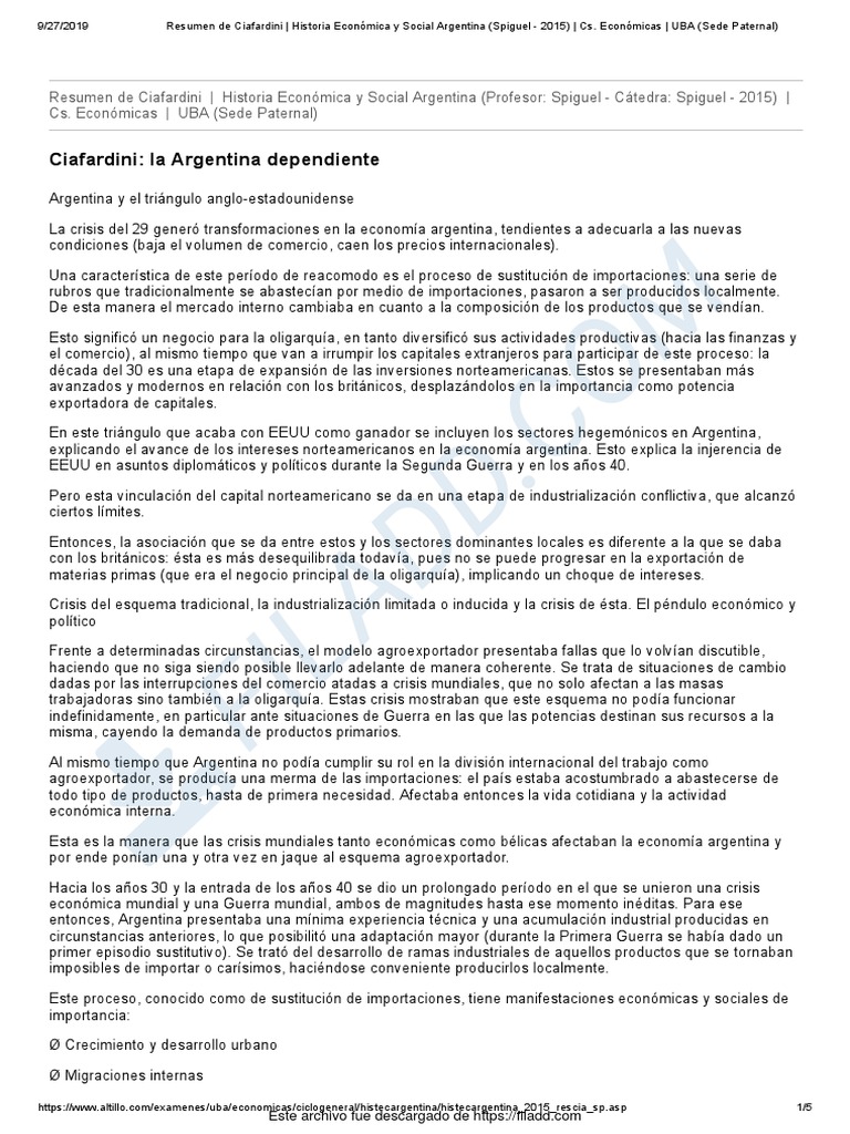 Resumen de Ciafardini - Historia Economica y Social Argentina Spiguel ...