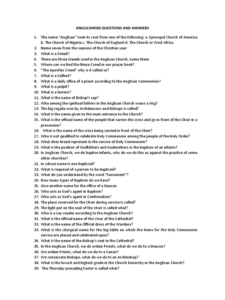 Anglicanism Quiz | PDF | Eucharist | Bishop