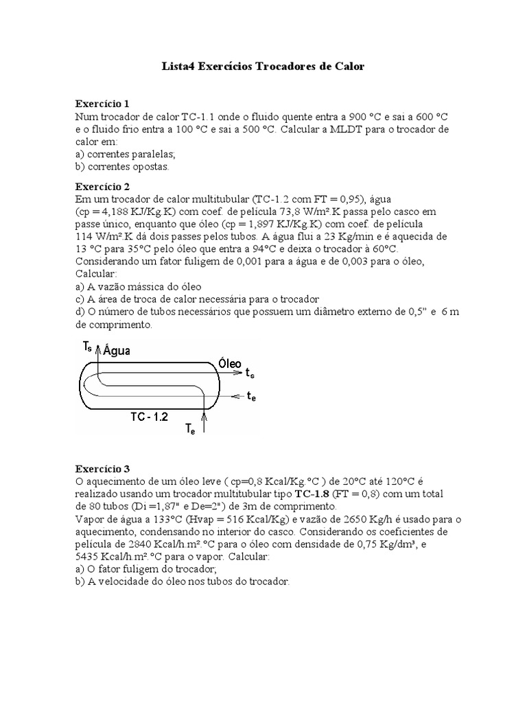 Lista 4 - Exercícios de Trocadores de Calor | PDF | Alternador de energia elétrica | Calor