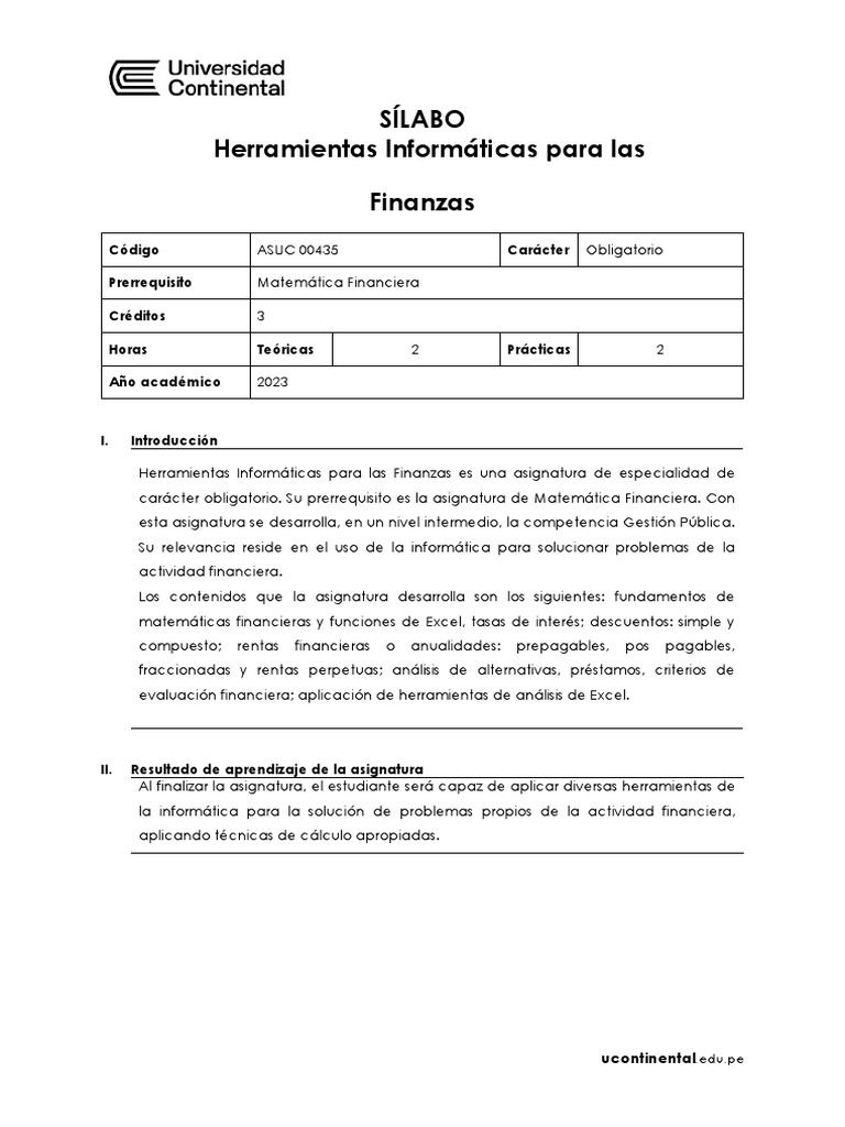 Silabos de Herramientas Informaticas Para Las Finanzas | PDF | Evaluación | Cognición