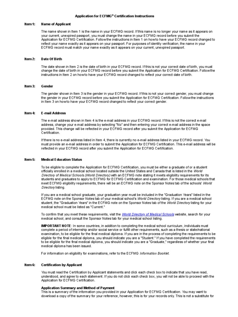 Application For ECFMG Certification - Instructions | PDF | Medical ...