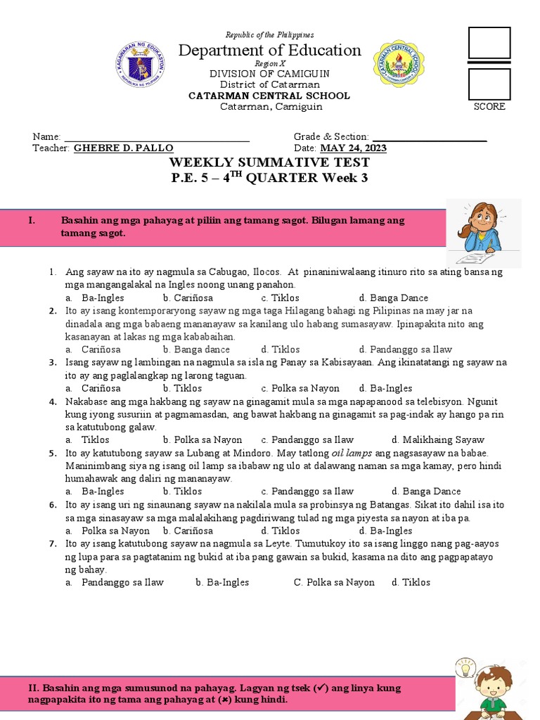 P.E. 5 Weekly Test - Q4 Week 3 | PDF