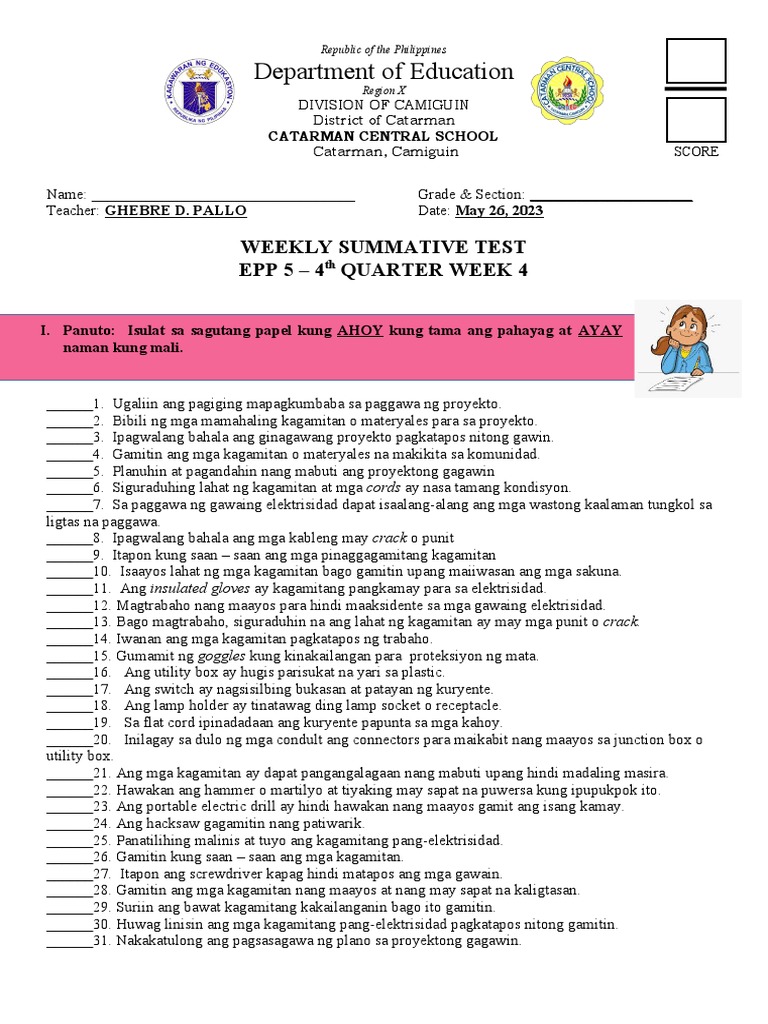 EPP 5 Weekly Test - Q4 Week 4 | PDF