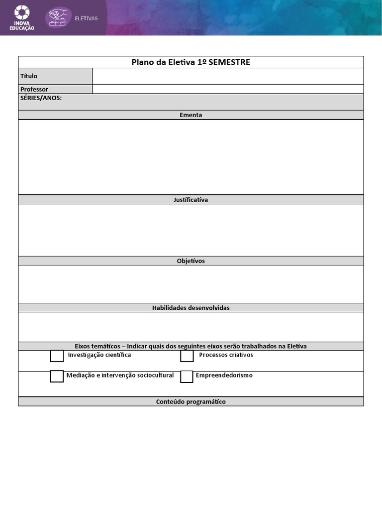 PLANO de Aula de ELETIVAS (Modelo) 2023 | PDF