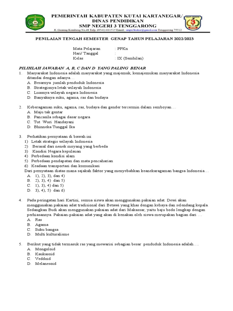 SOAL PTS PPKN KLS 9 2022 | PDF