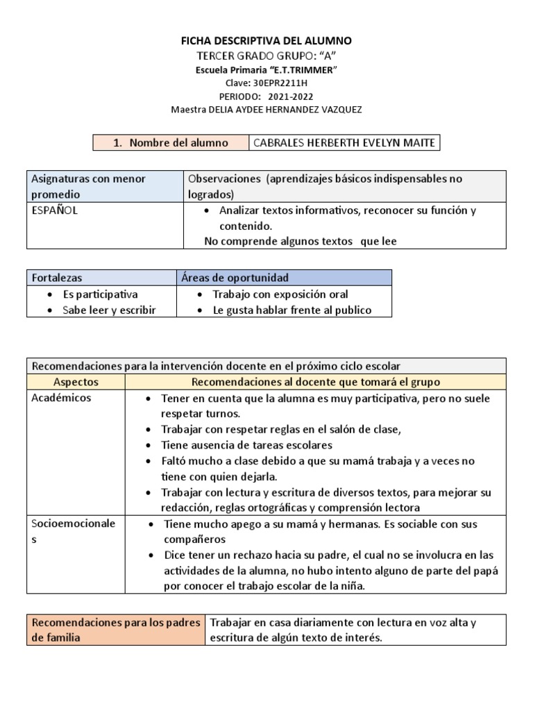 Ficha Descriptiva Tercer Grado | PDF
