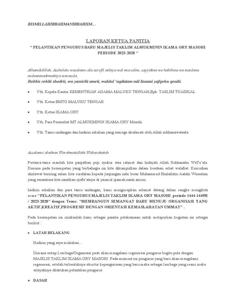 Laporan Ketua Panitia Pelantikan MT Ikama Ory | PDF