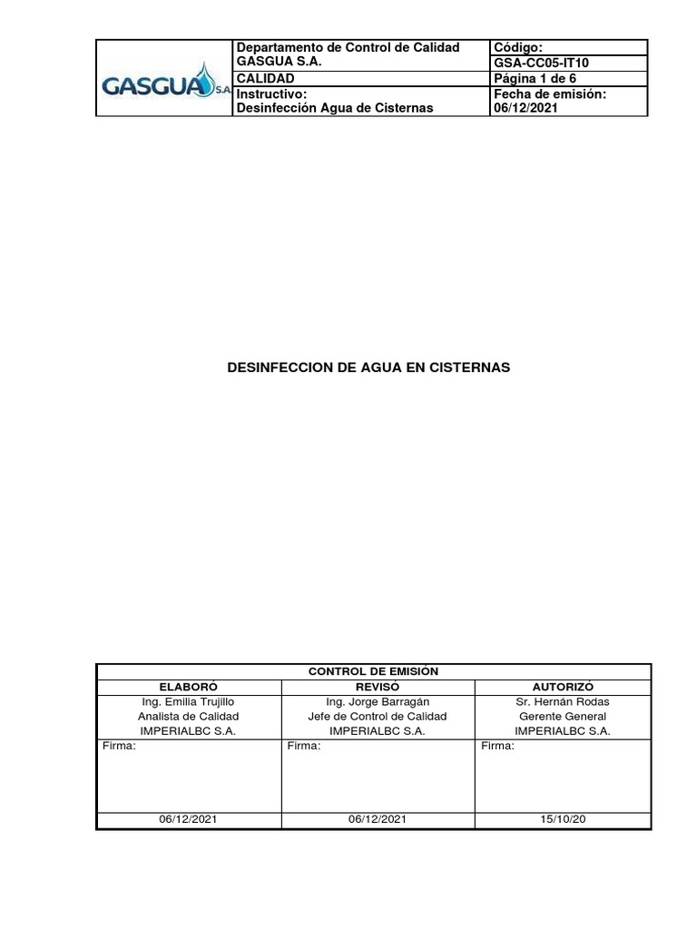 GSA-CC05-IT10 Desinfección de Cisternas | PDF | Agua | Concentración