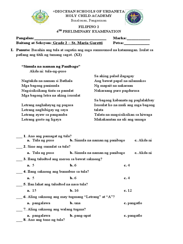 (Filipino2) 4TH Preliminary Examination | PDF