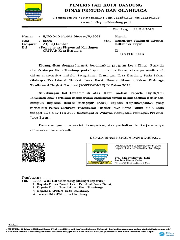 Permohonan Dispensasi Kontingen ORTRAD Kota Bandung - signed-OK | PDF