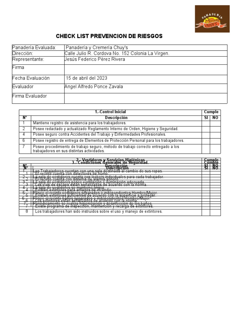 Check List Panaderia | PDF | La seguridad