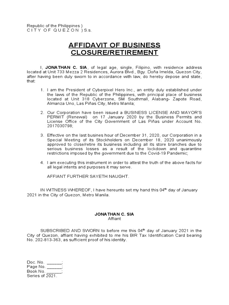 Business Closure Due to COVID-19 | PDF | Affidavit | Metro Manila