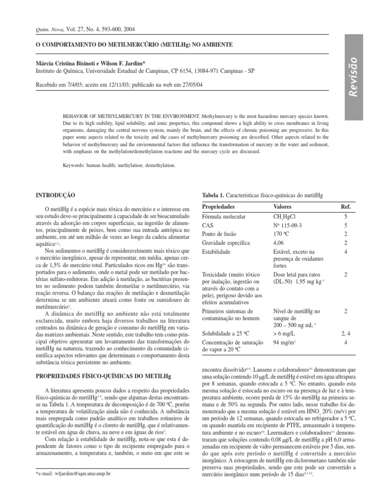 O COMPORTAMENTO DO METILMERCÚRIO (METILHg) NO AMBIENTE | PDF | Mercúrio ...