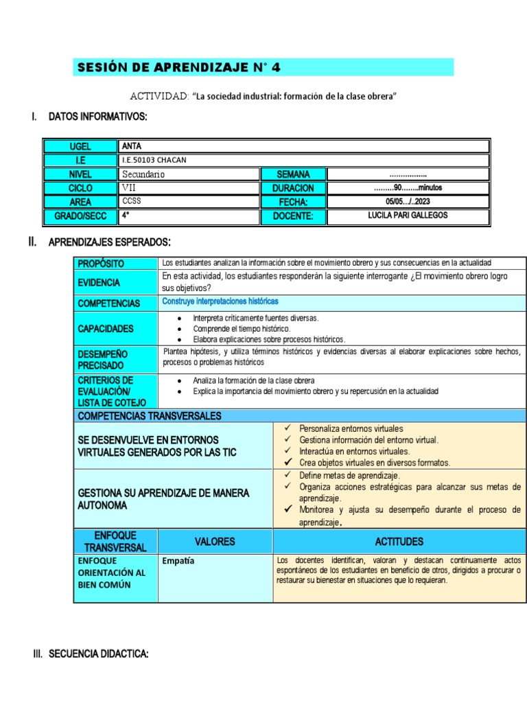 SESION CCSS 4° SEC-LUCILA PARI | PDF | Aprendizaje | Evaluación
