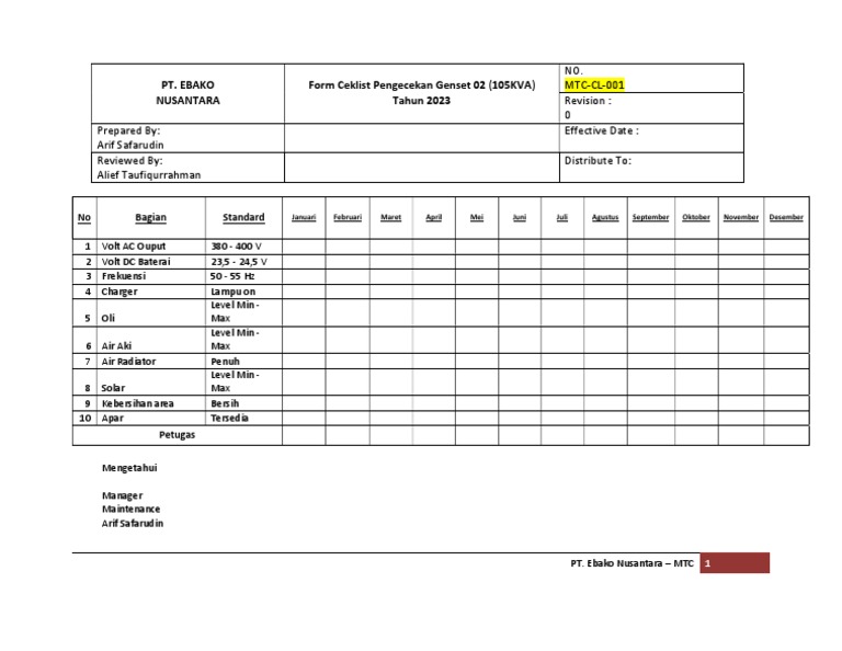 Form Ceklist Genset 02 - 105 Kva | PDF