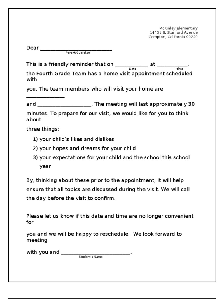 Home Visit Reminder for Parents | PDF