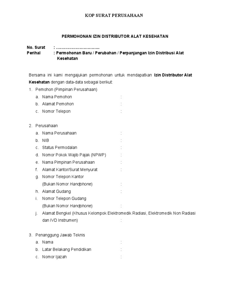 Surat Permohonan Izin Distributor Alat Kesehatan | PDF
