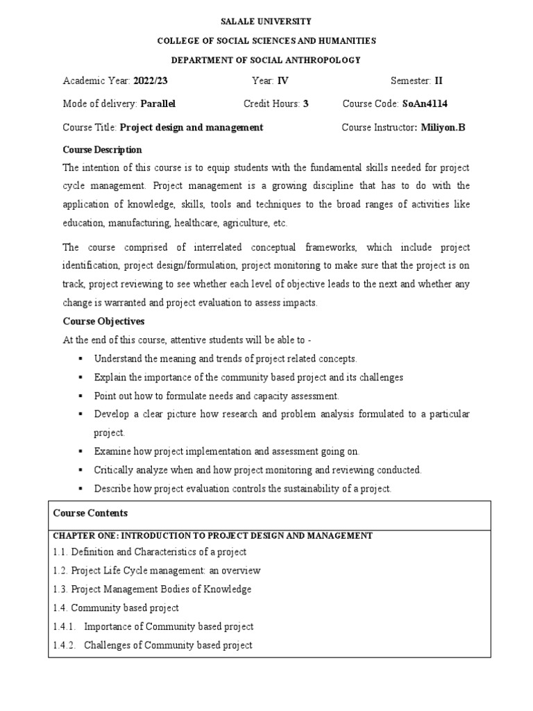 Project Design and Management | PDF | Evaluation | Monitoring And Evaluation