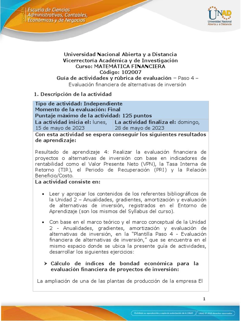 Guía de Actividades y Rúbrica de Evaluación - Paso 4 - Evaluación Financiera de Alternativas de ...