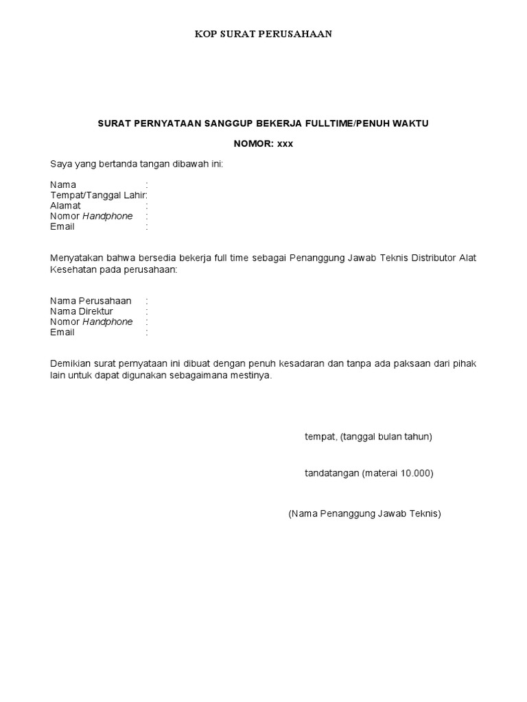 3. Surat Pernyataan Sanggup Bekerja Penuh Waktu Pjt | PDF