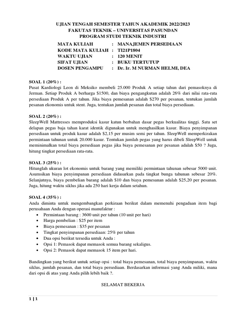 UTS Manajemen Persediaan Kelas B 2023 04 04 | PDF | Griya & Taman