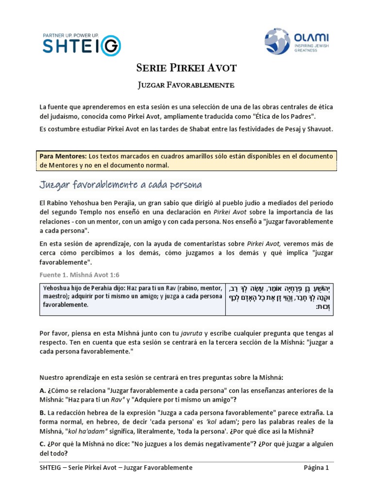 Shteig Pirkei Avot - Juzgar Favorablemente - Mentores | PDF | Yom ...