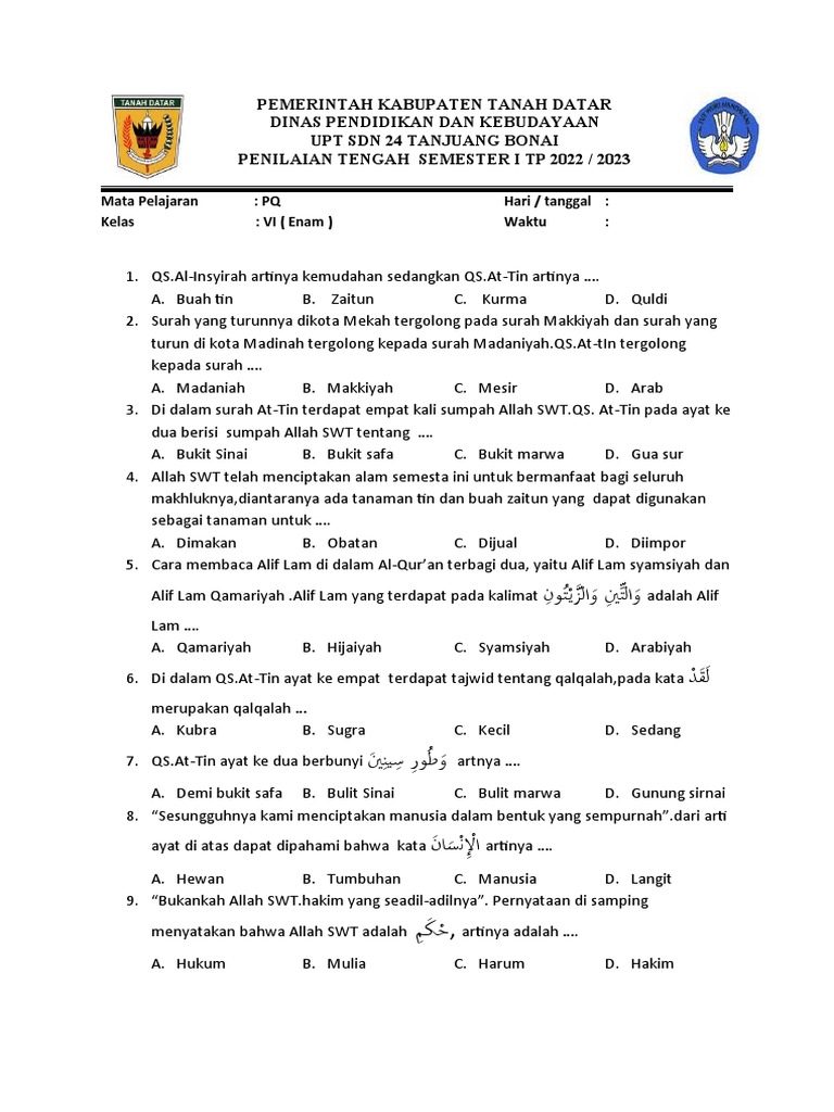 Soal PTS I PQ Kelas Vi TP.22-23 | PDF
