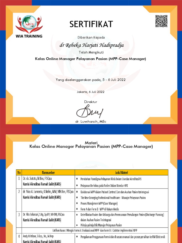 Sertifikat - Online - 220704-0069 - DR Rebeka Harjati - Kelas Online Manager Pelayanan Pasien ...