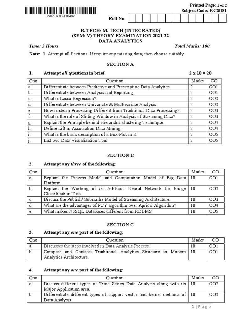 btech-cs-5-sem-data-analytics-kcs051-2022 | PDF | Analytics | Cluster Analysis