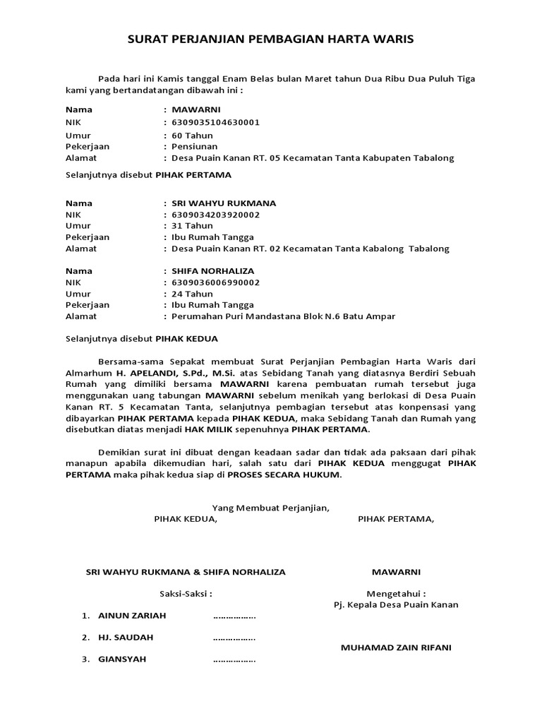 Surat Perjanjian Pembagian Harta Waris | PDF