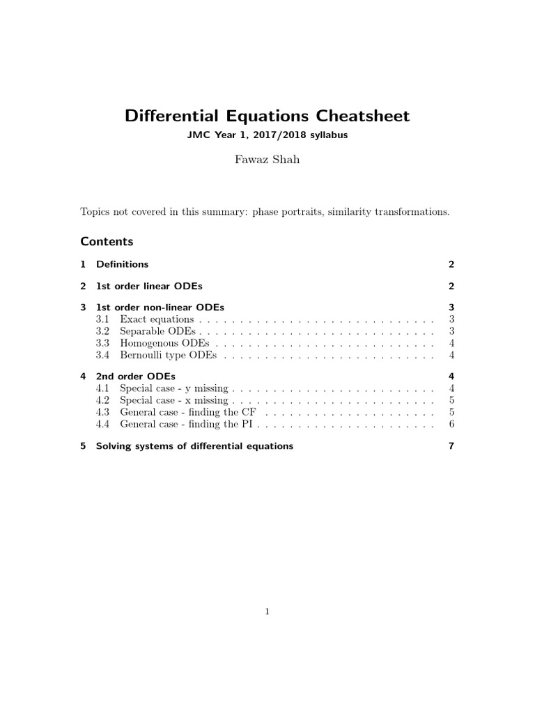 Differential Equations Cheatsheet | PDF | Ordinary Differential ...