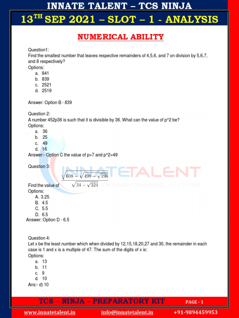 TCS Ninja Numerical Ability Questions | PDF