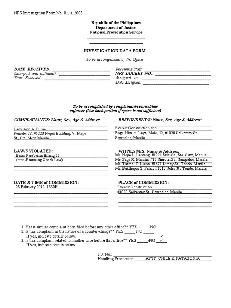 NPS Investigation Form No. 01 Details | PDF | Criminal Law | Legal ...