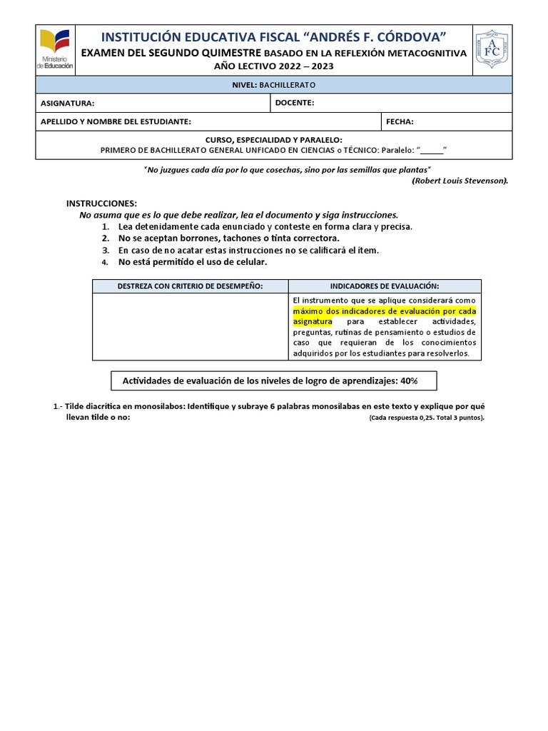 Formato Evaluación Del Segundo Quimestre - 2022-2023 | PDF | Cognición | Aprendizaje
