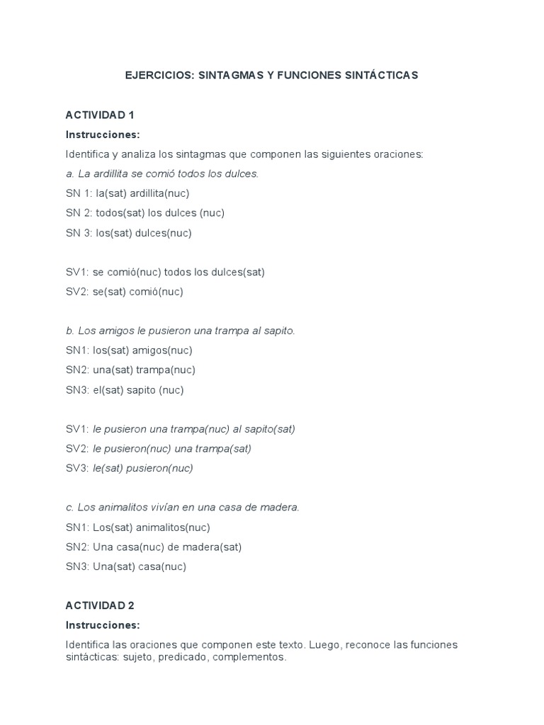 Ejercicios Resueltos. Funciones Sintácticas | PDF
