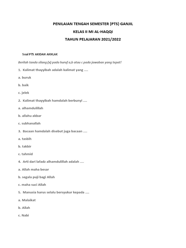 Pts Akidah Akhlak Kls 2 SMT Ganjil | PDF