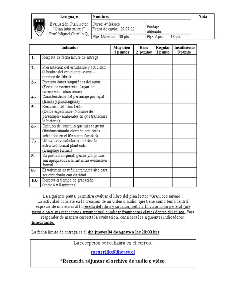 1 Pauta Evaluaci - N Plan Lector.. Gran Lobo Salvaje. | PDF