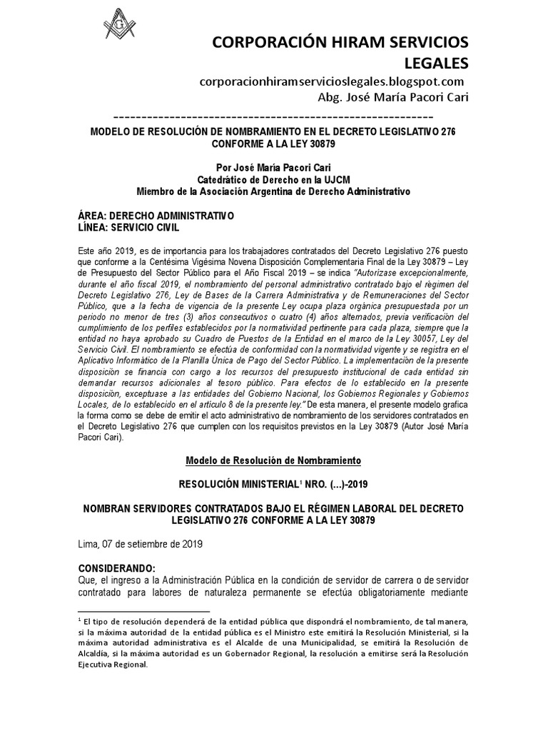 Modelo de Resolución de Nombramiento en El Decreto Legislativo 276 Conforme A La Ley 30879 | PDF ...