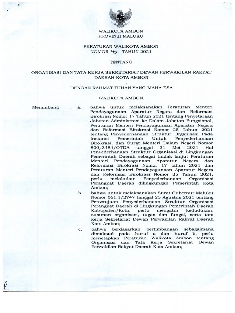Perwali Kota Ambon No. 49 Tahun 2021 | PDF